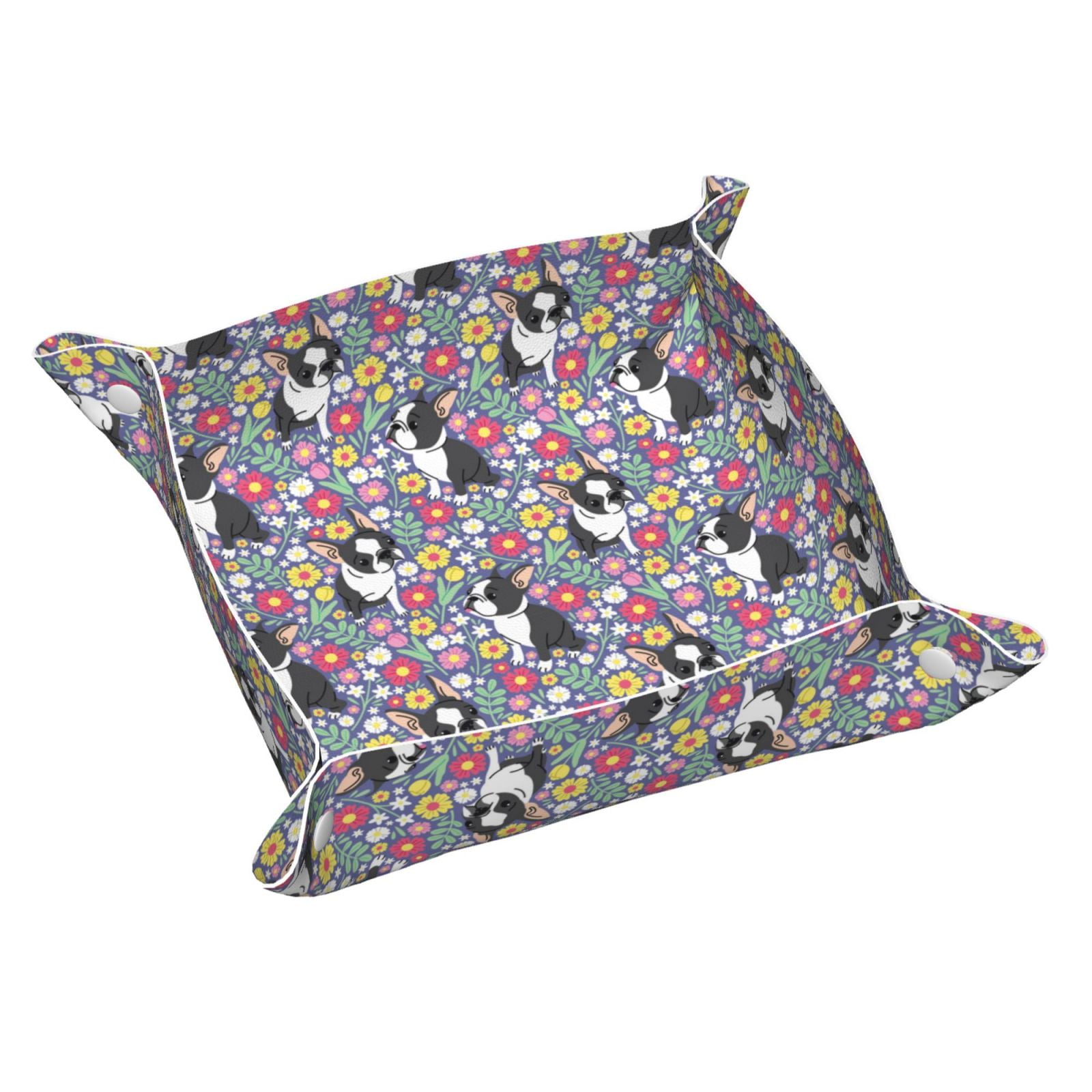 Valet Tray, French Bulldog Colorful Flower Faux Leather Desk Tray ...