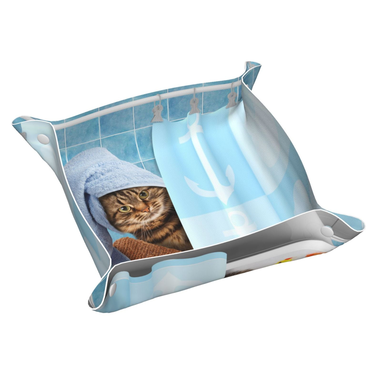 Valet Tray, Funny Cat Taking a Bath Faux Leather Desk Tray Vanity Tray ...