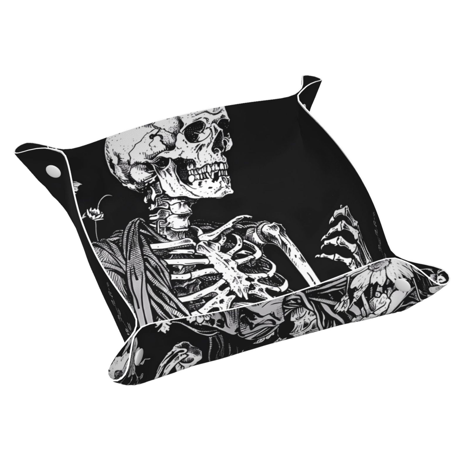 Valet Tray, Gothic Skull Floral Art Faux Leather Desk Tray Vanity Tray ...