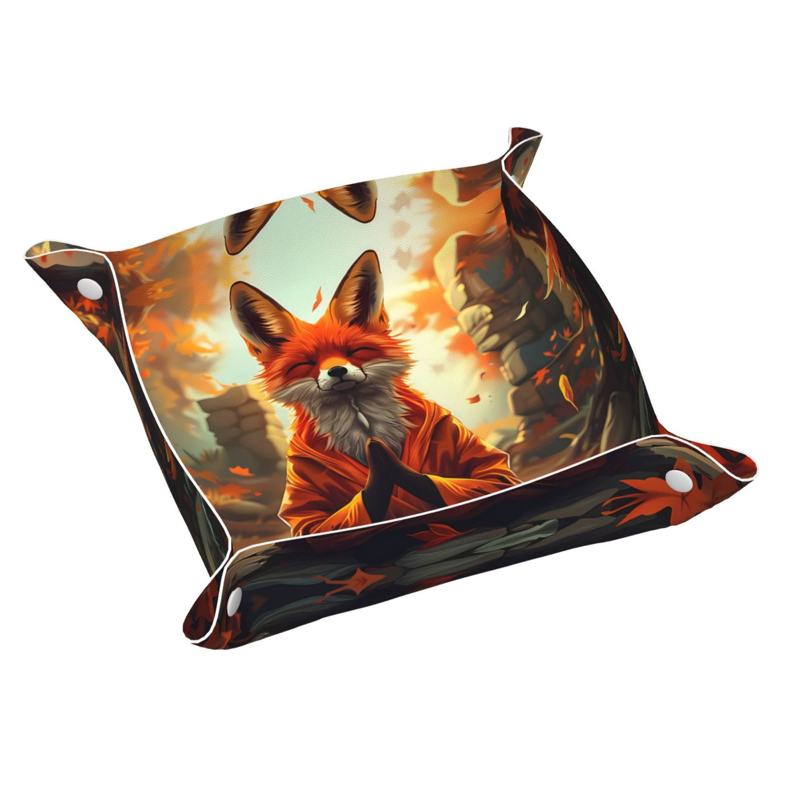 Valet Tray, Maple Leaf Meditating Fox Faux Leather Desk Tray Vanity ...