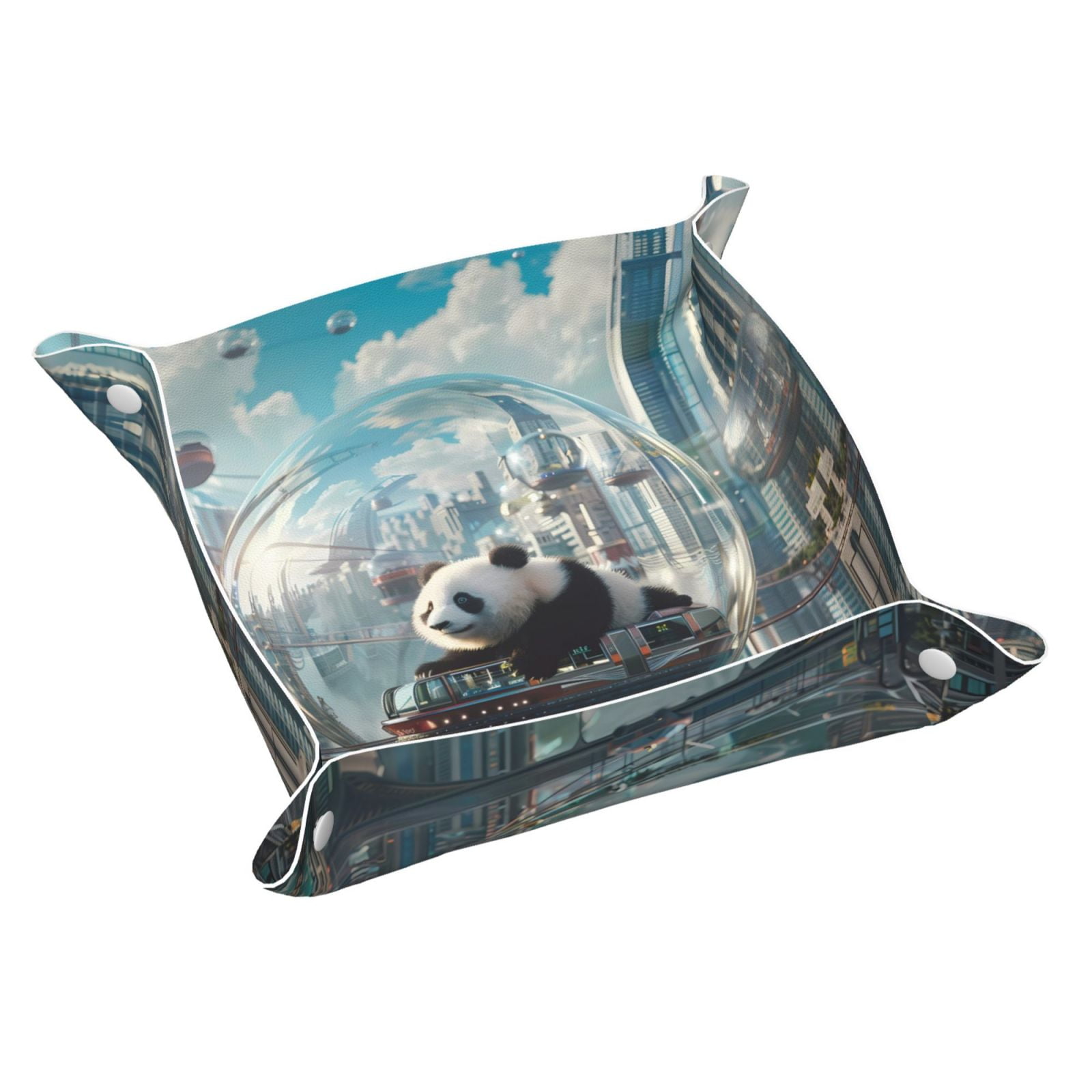 Valet Tray, Panda In Futuristic City Faux Leather Desk Tray Vanity Tray ...