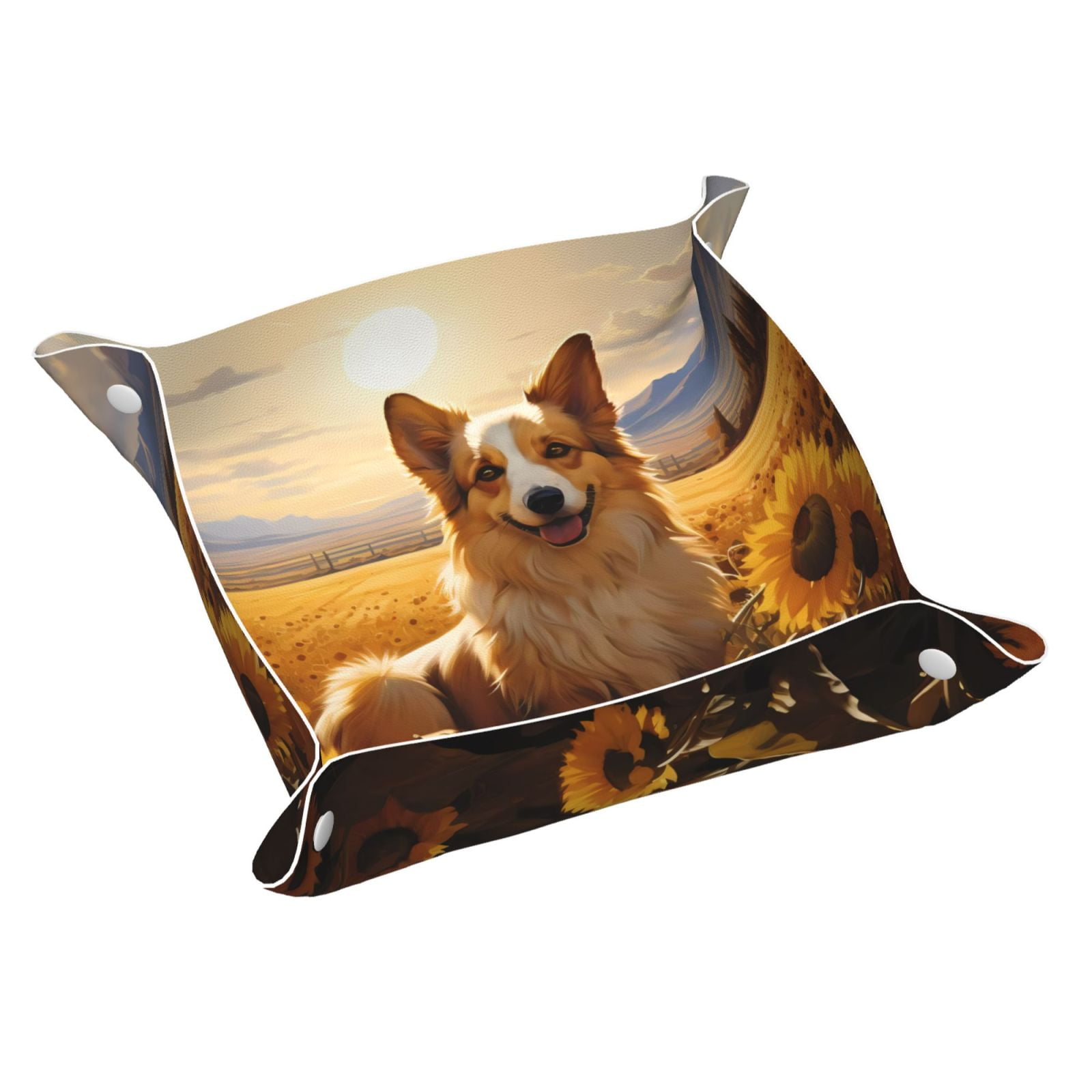 Valet Tray, Pastoral Sunflower Corgi Faux Leather Desk Tray Vanity Tray ...