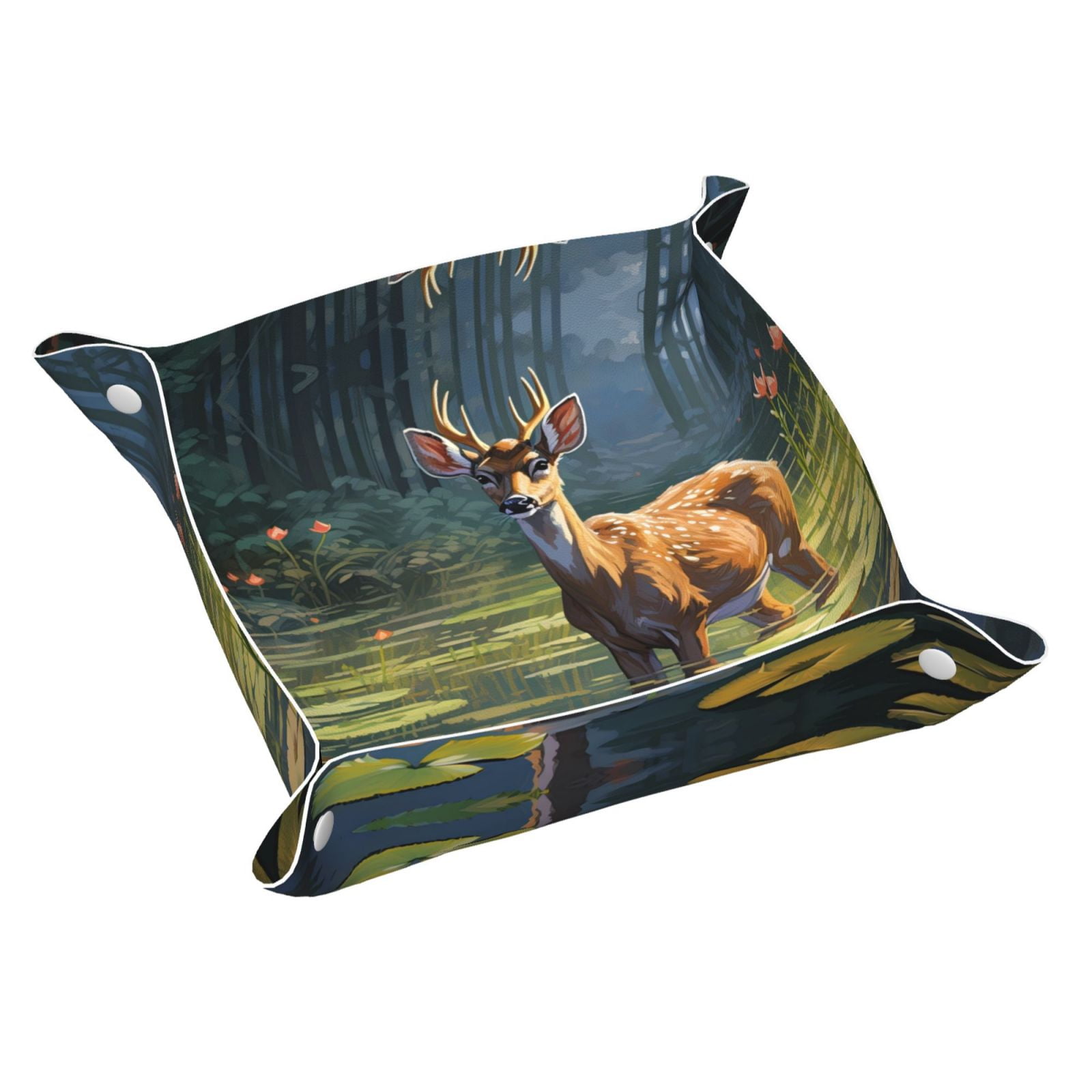 Valet Tray, Peaceful Deer Lily Pond Faux Leather Desk Tray Vanity Tray ...