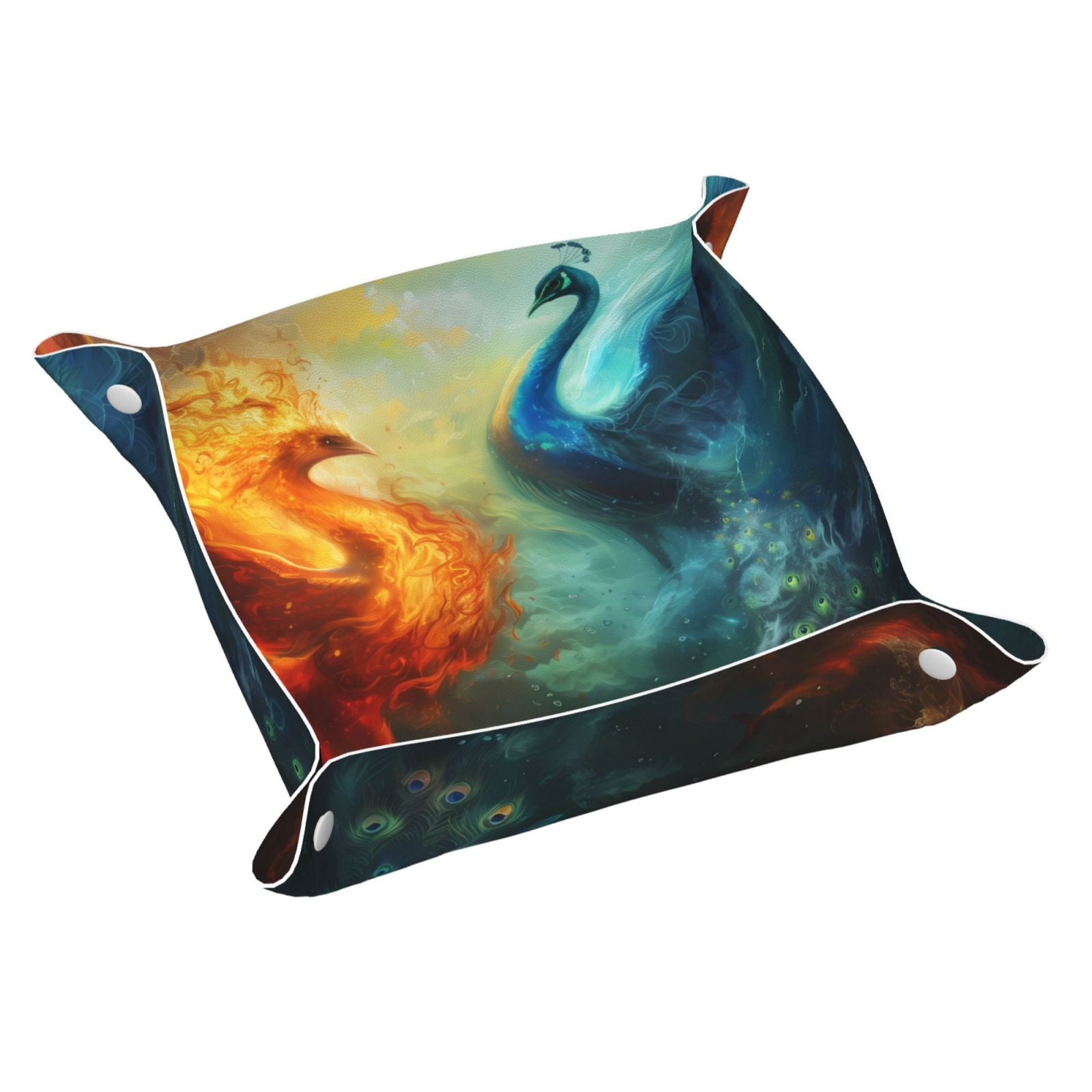 Valet Tray, Red and Blue Fire Peacock Faux Leather Desk Tray Vanity ...
