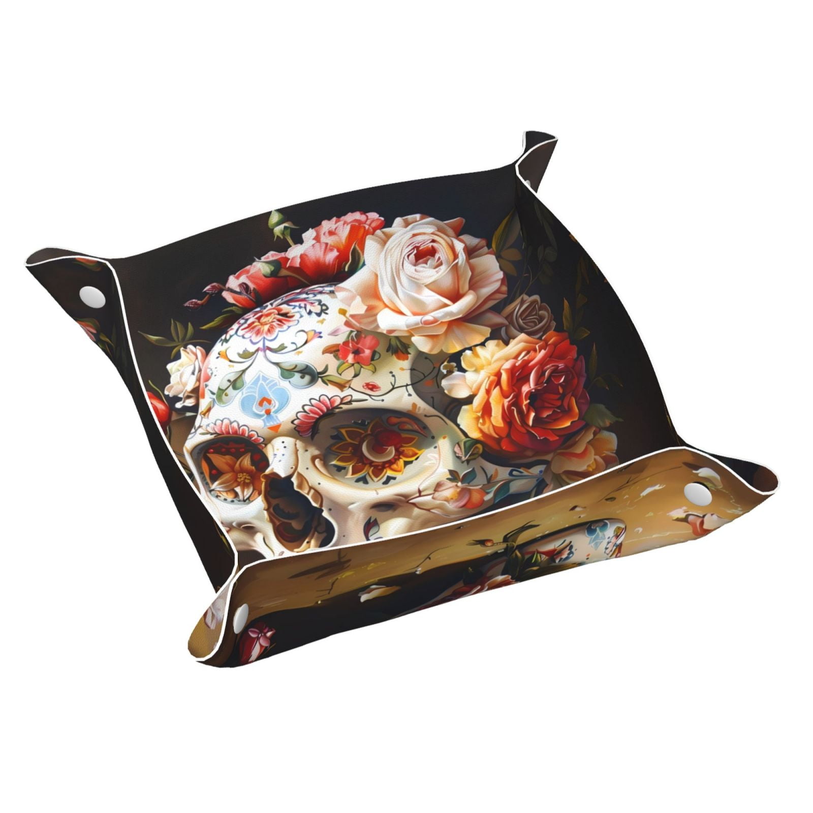 Valet Tray, Rose Floral Skull Faux Leather Desk Tray Vanity Tray Night ...
