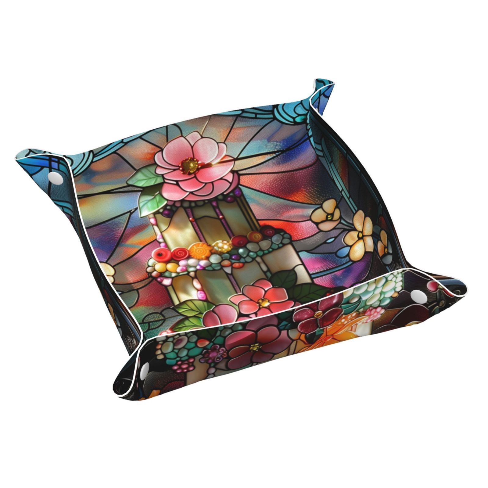Valet Tray, Stained Glass Floral Cake Faux Leather Desk Tray Vanity ...