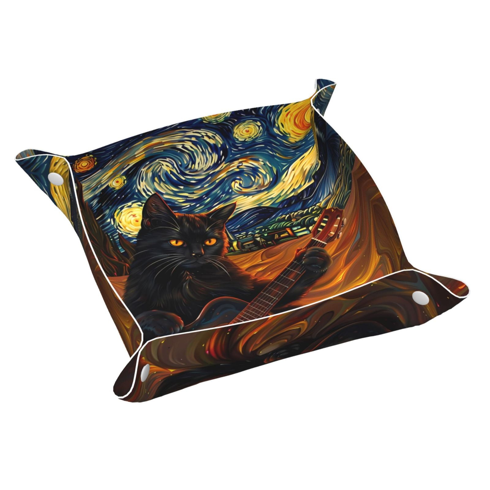 Valet Tray, Starry Night Cat Guitarist A Faux Leather Desk Tray Vanity ...
