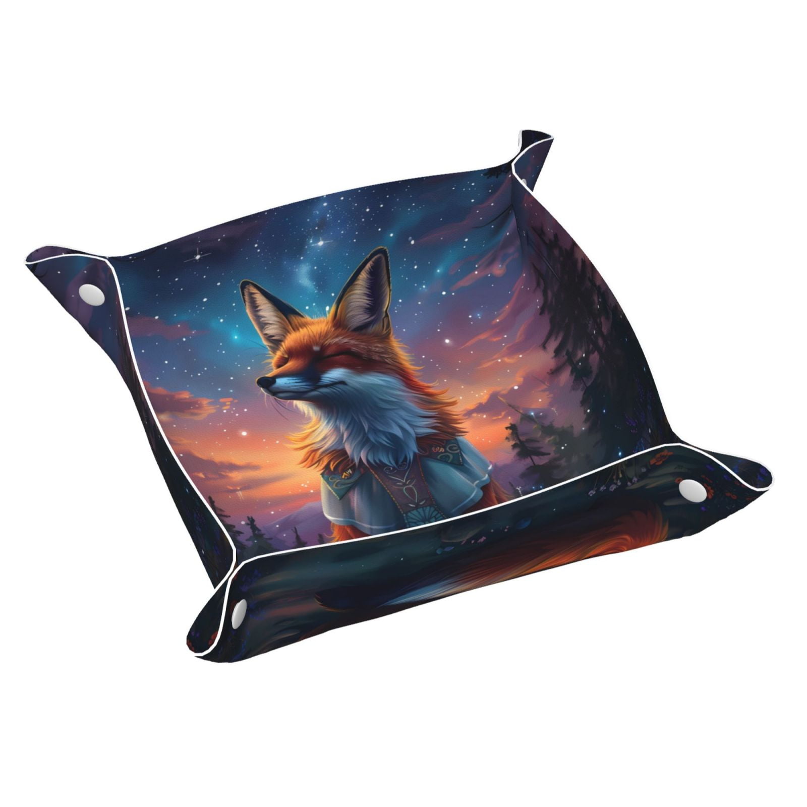 Valet Tray, Starry Sky Meditating Fox Faux Leather Desk Tray Vanity ...