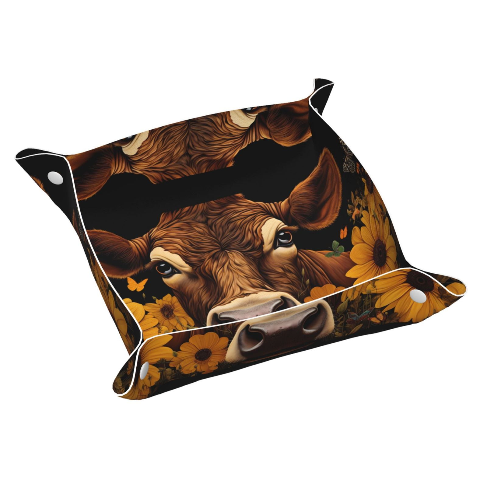 Valet Tray, Sunflower Butterfly Cow Faux Leather Desk Tray Vanity Tray ...