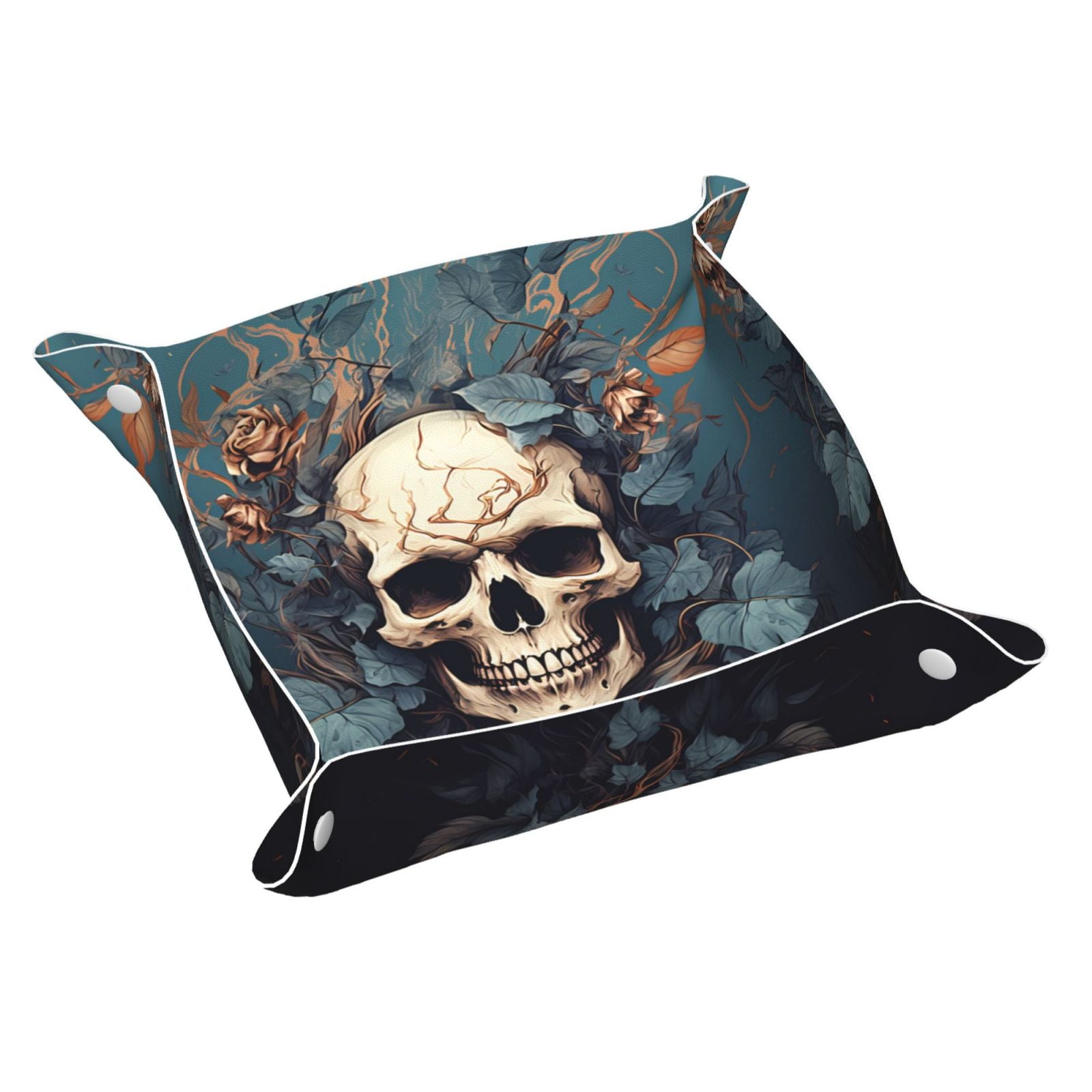 Valet Tray, Vintage Leaf Flower Skull Faux Leather Desk Tray Vanity ...