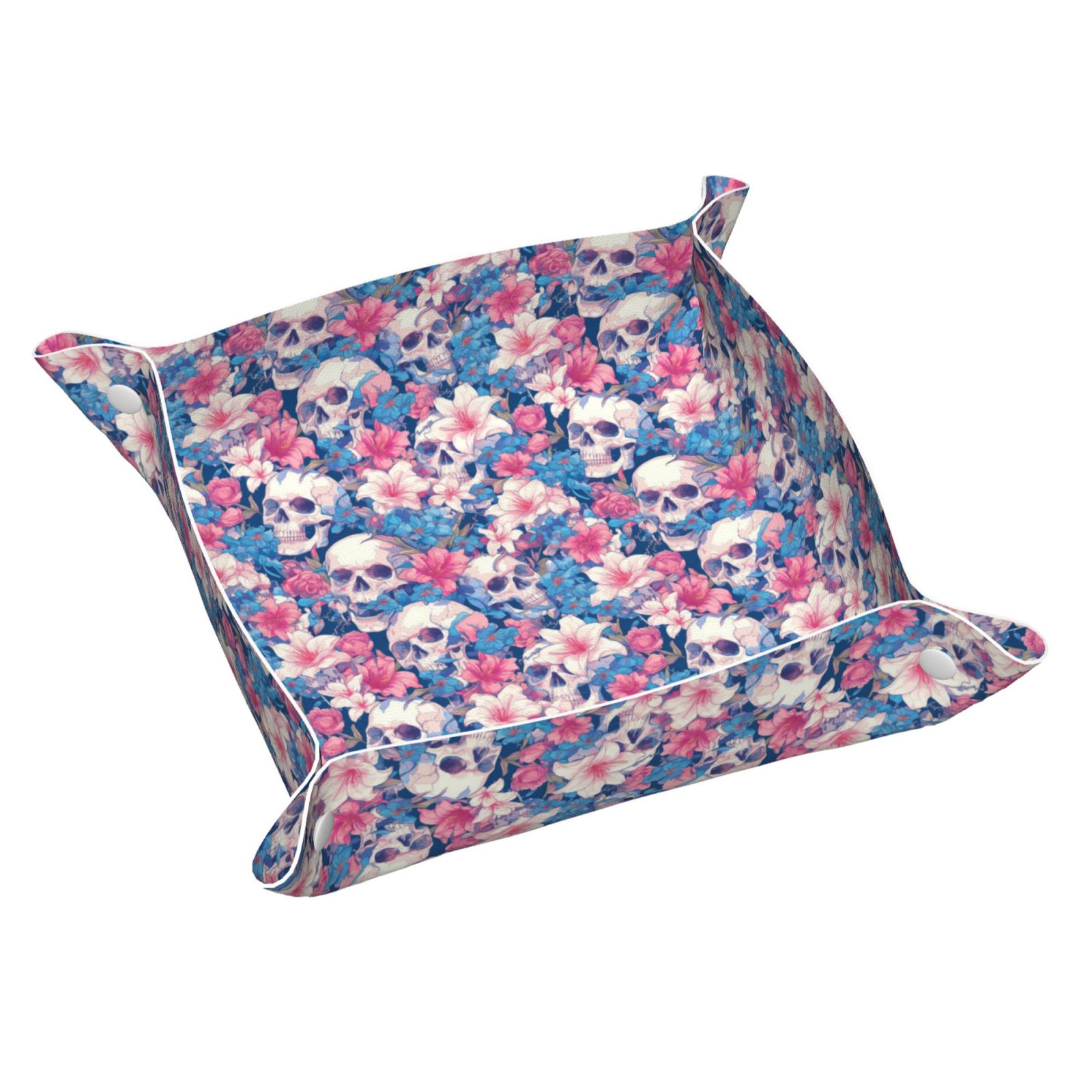 Valet Tray, white flower Skull blue Faux Leather Desk Tray Vanity Tray ...