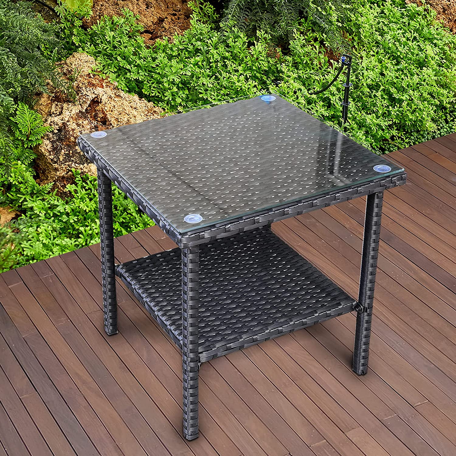 Valita Outdoor PE Wicker Side Table Glass Top Garden Poolside Small ...