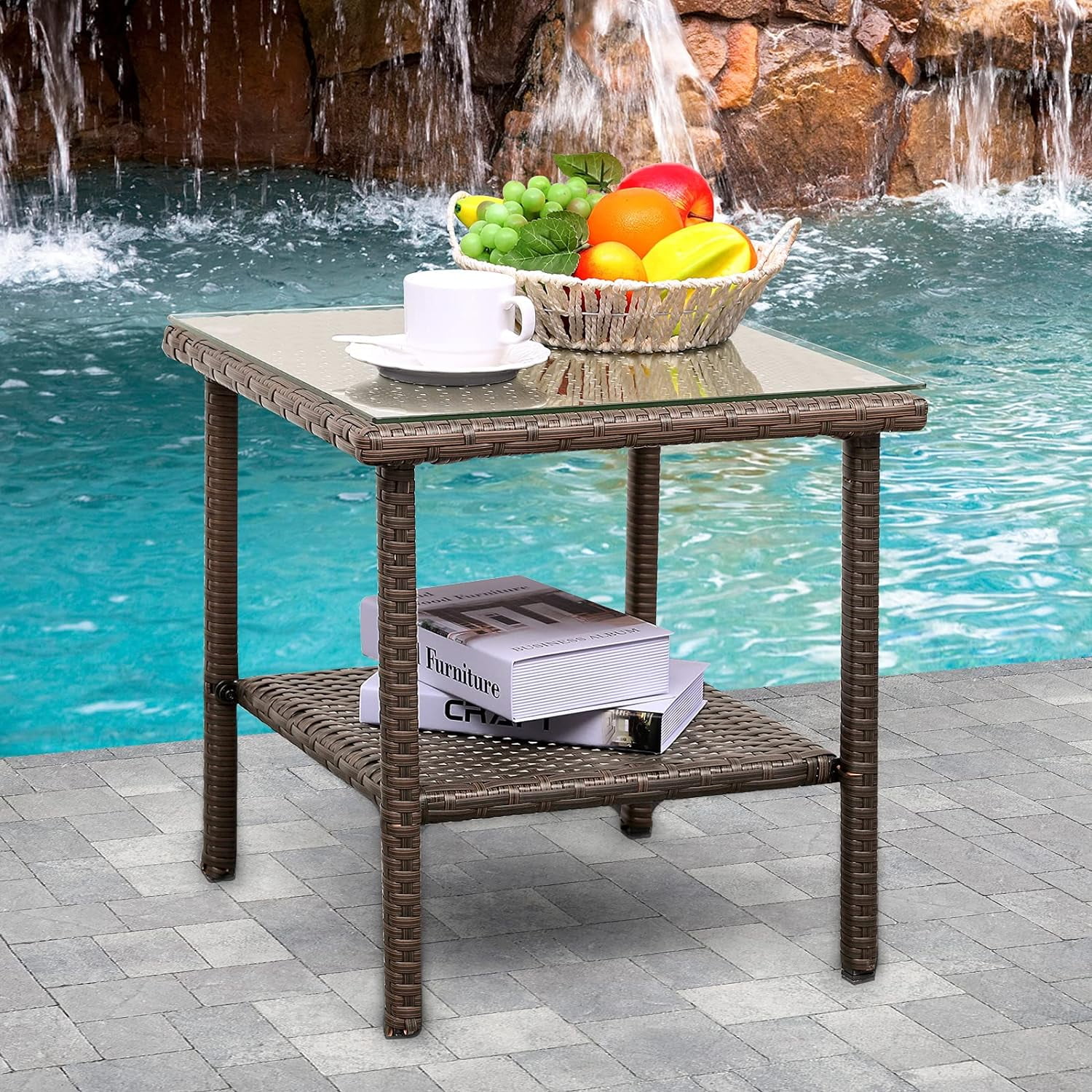 Valita Outdoor PE Wicker Side Table Glass Top Garden Poolside Small ...