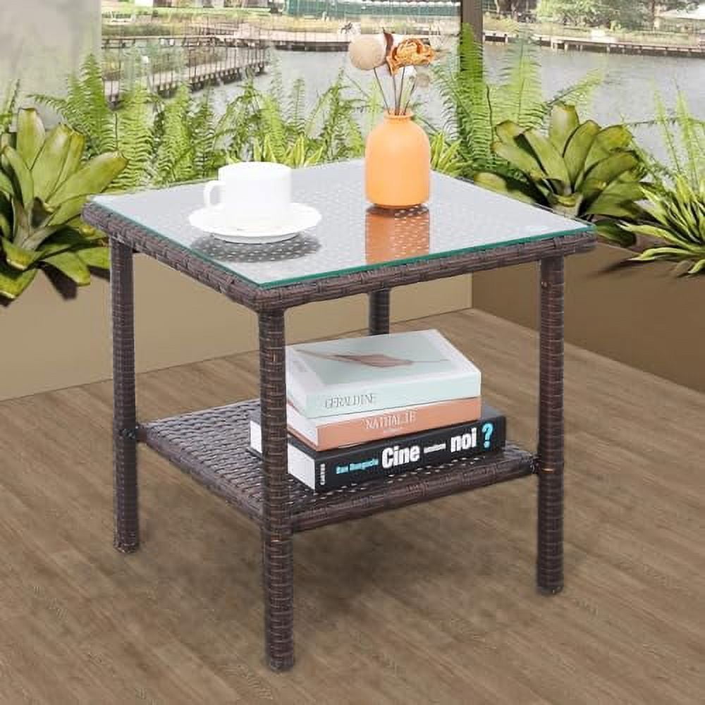 Valita Outdoor Wicker Glass Top Side Table - Garden Metal Square Tea Table with Storage ...