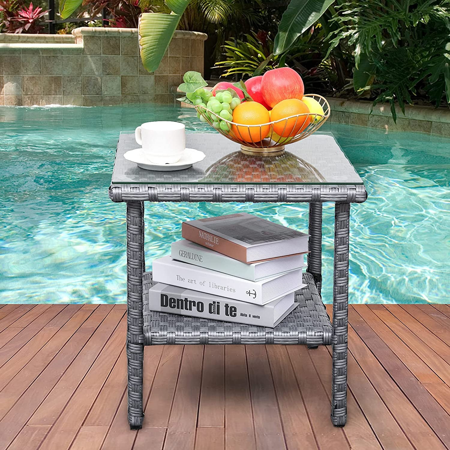 Valita PE Wicker Side Table Outdoor Resin Rattan Glass Top Square End ...