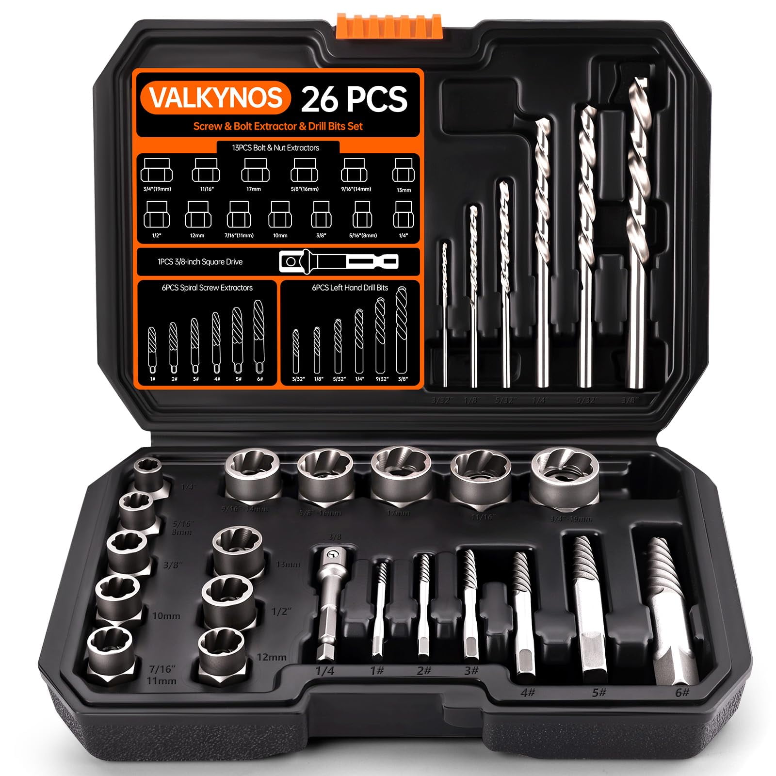 Valkynos 26 Pcs Bolt Extractor Kit and Left Drill Bit Reverse Drill Bit ...