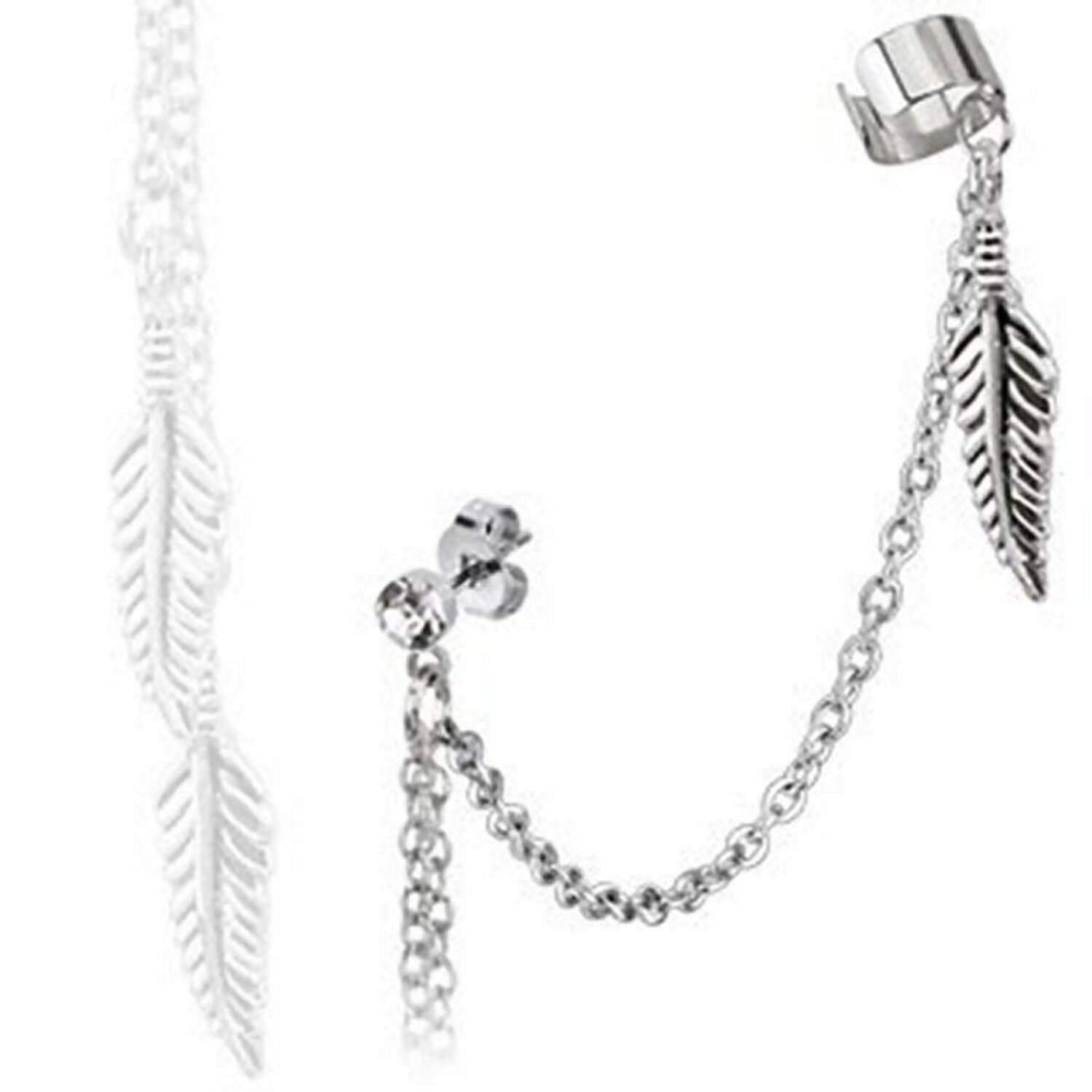 Valkyrie Ear Cuff Chain to Lobe Stud Stainless Steel Feather Cosplay ...
