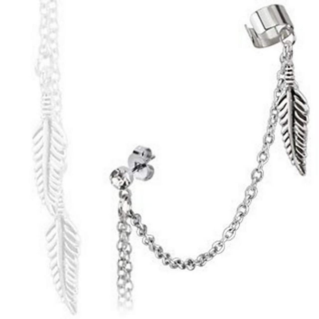 Valkyrie Ear Cuff Chain to Lobe Stud Stainless Steel Feather Cosplay ...