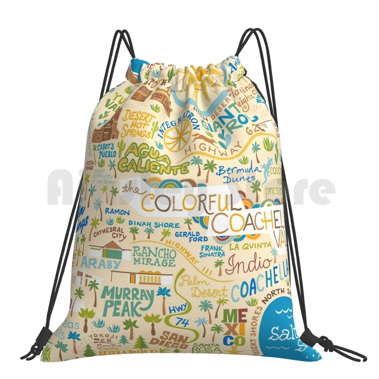 Valley Illustrated Map-Palm Springs Joshua Tree Backpack Drawstring ...