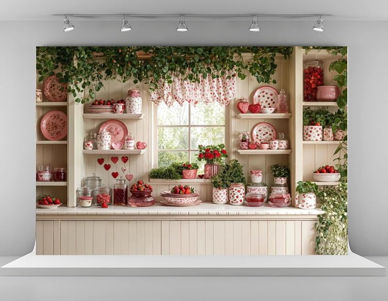 Valnetine Day Kitchen Backdrops for Photography White Cupboard and Pink ...