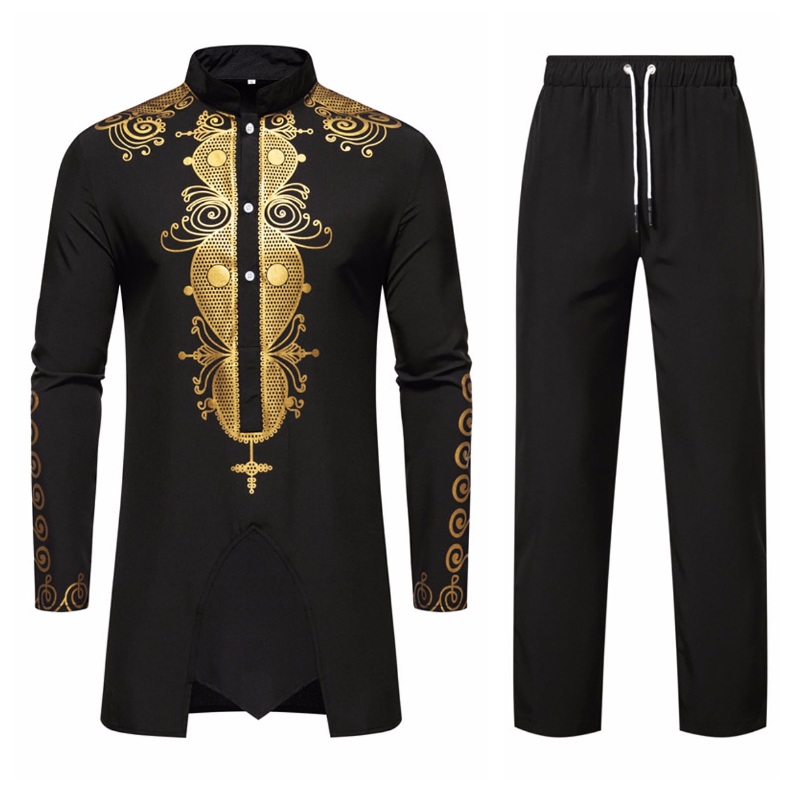 Valora Men's Suits Autumn Winter Print Long Sleeve Dashiki Shirt Set ...