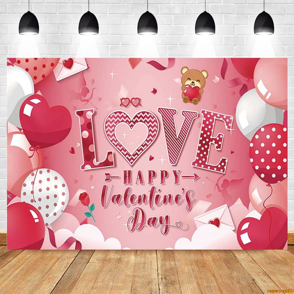 Valtine's Day Backdrop February 14 Rose Love Heart Balloons Flowers ...