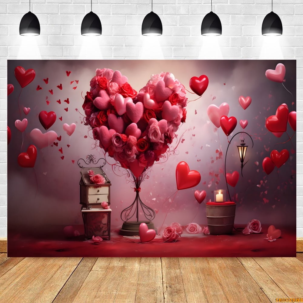 Valtine's Day Backdrop February 14 Rose Love Heart Balloons Flowers ...