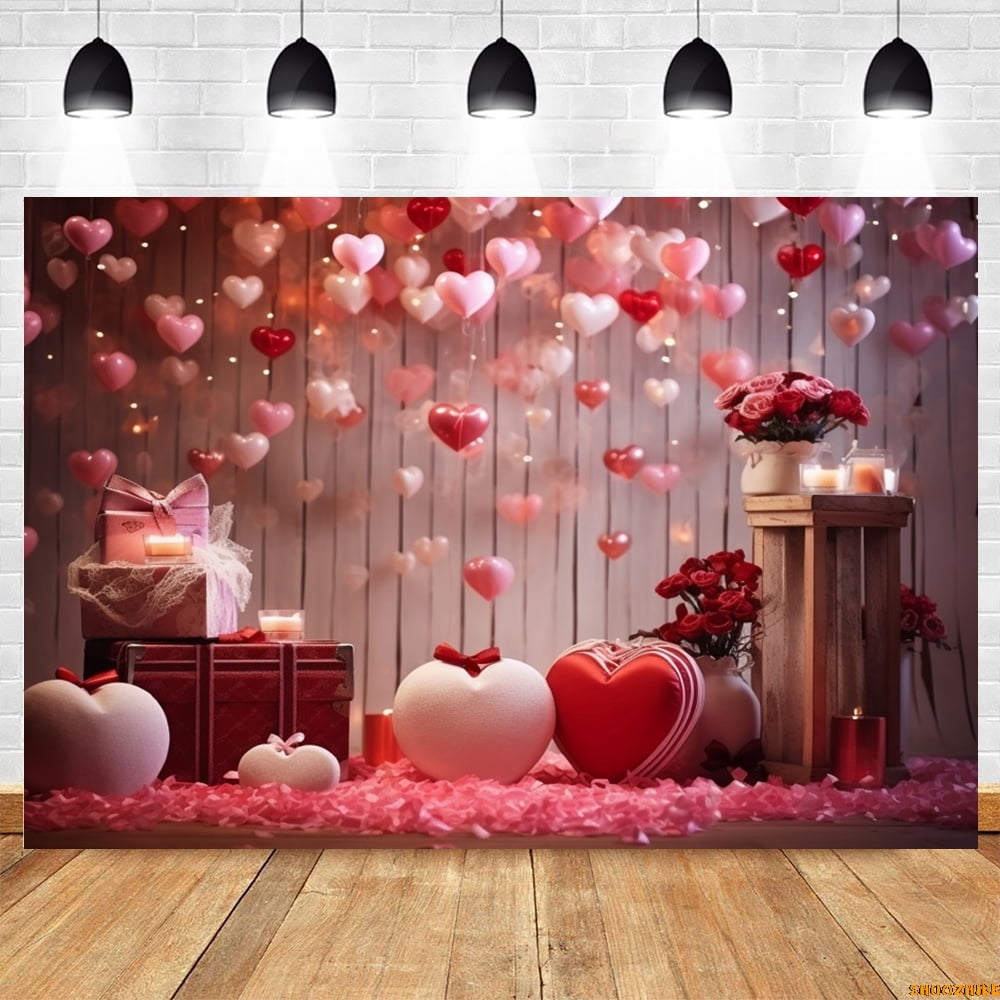 Valtine's Day Backdrop February 14 Rose Love Heart Balloons Flowers ...