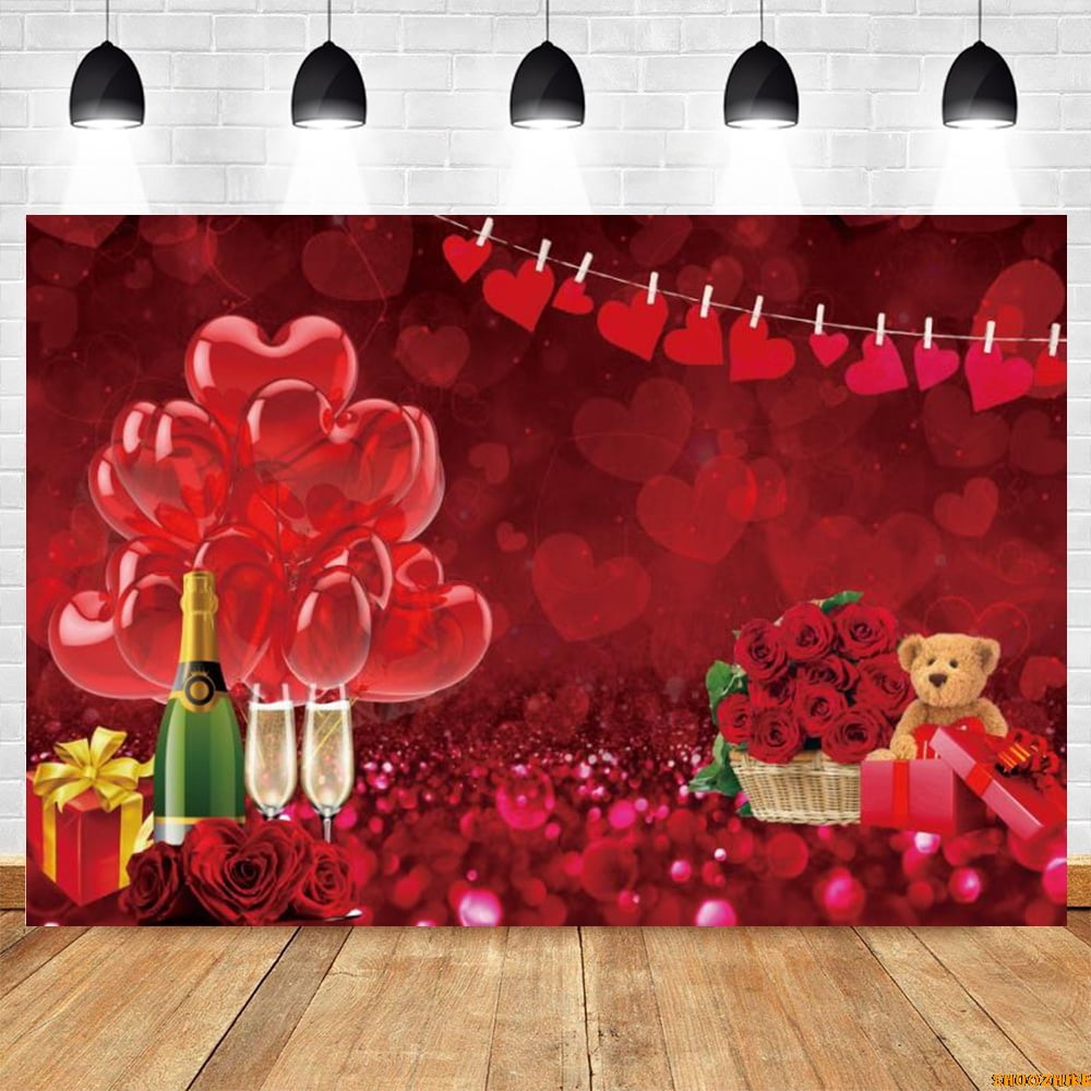 Valtine's Day Backdrop February 14 Rose Love Heart Balloons Flowers ...