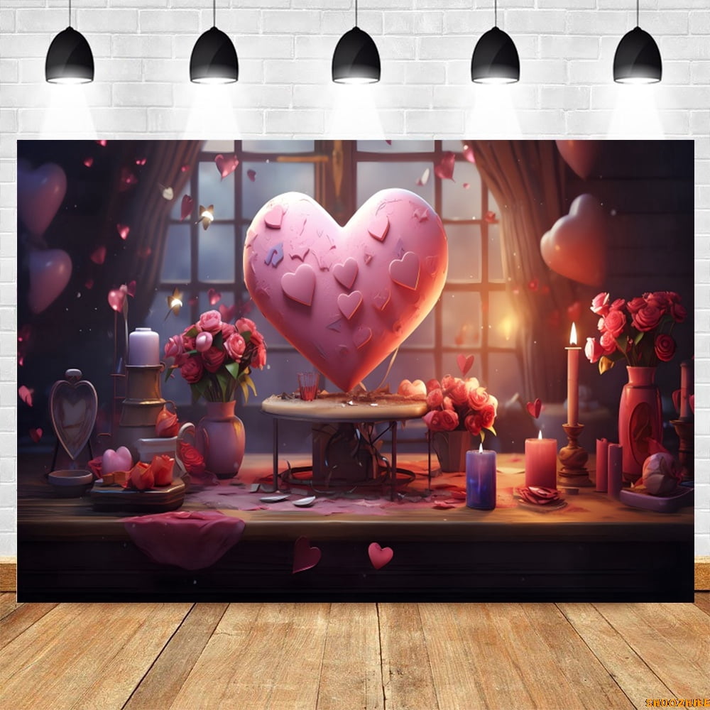 Valtine's Day Backdrop February 14 Rose Love Heart Balloons Flowers ...