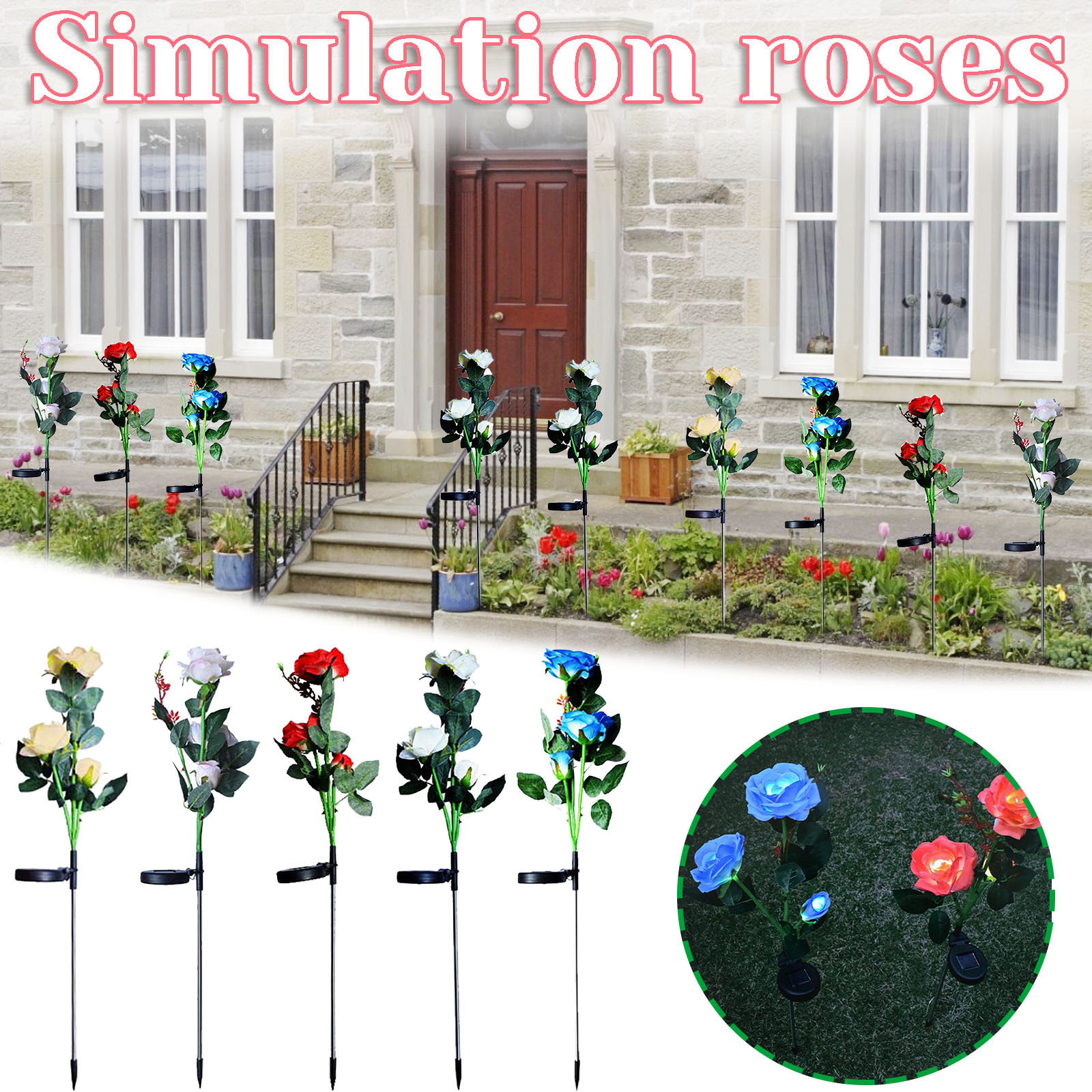 Value for Money, 6-Headed Solar Garden Roses, Outdoor LED Flower Lights ...