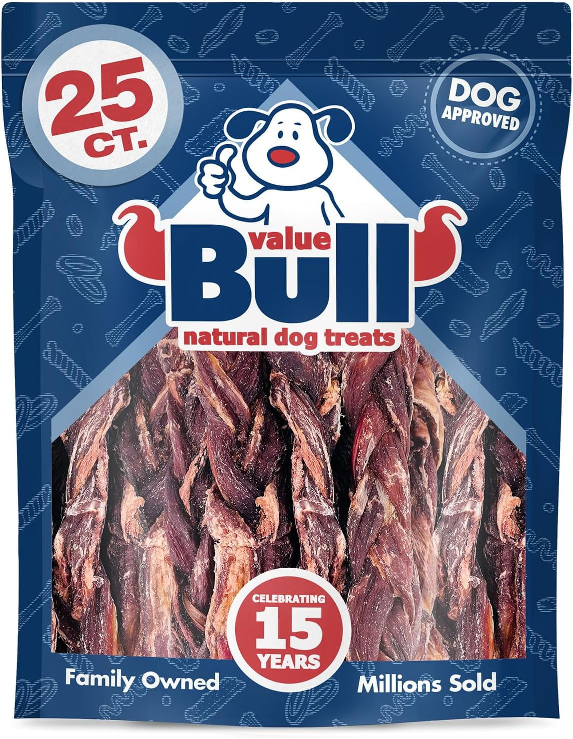 ValueBull Beef Jerky Gullet Braids, Premium Dog Chews, Thick 6 Inch, 25 ...