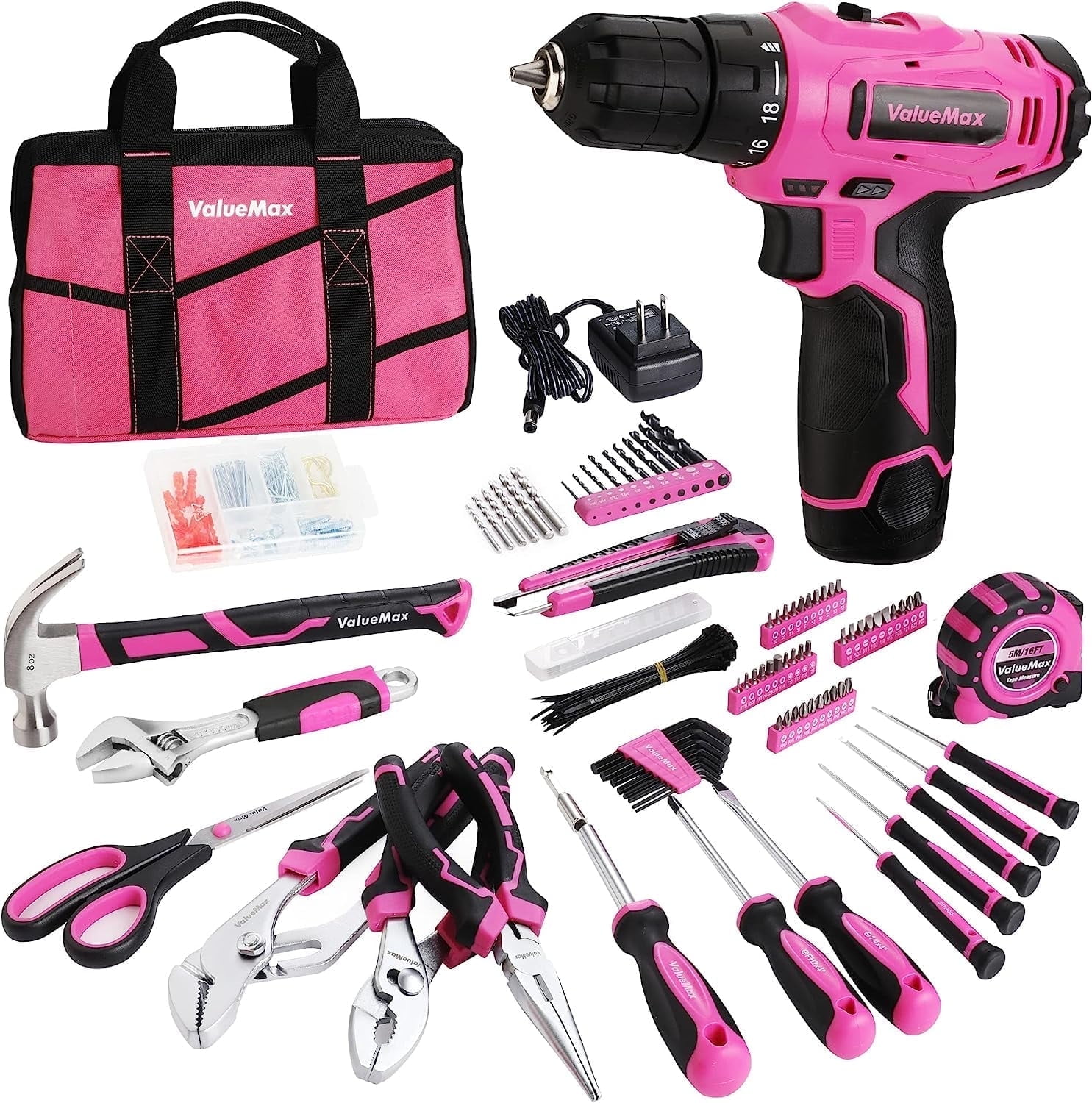 ValueMax 233-Piece Pink Home Tool Kit with Cordless Drill, Lithium-Ion ...