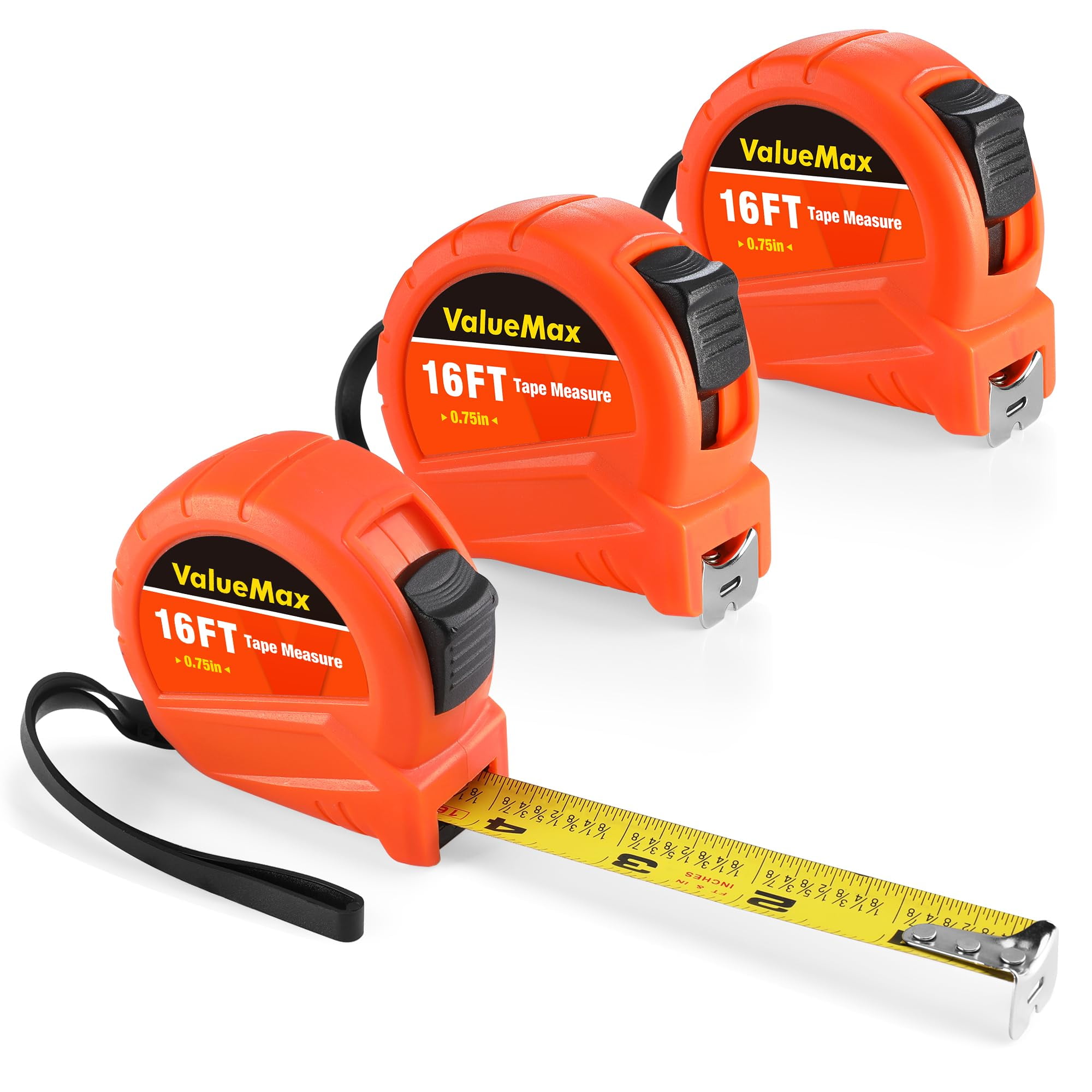 ValueMax Tape Measure 16FT with Fractions 1/8, 3 Retractable Easy Read ...