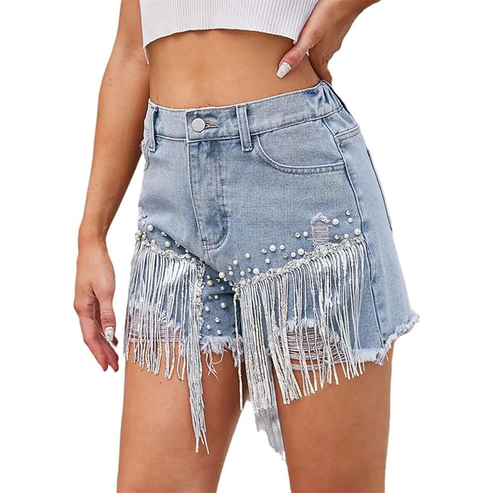 Valueadd 2025 New Jean Shorts Womens High Waisted Ripped Pearl Beaded ...