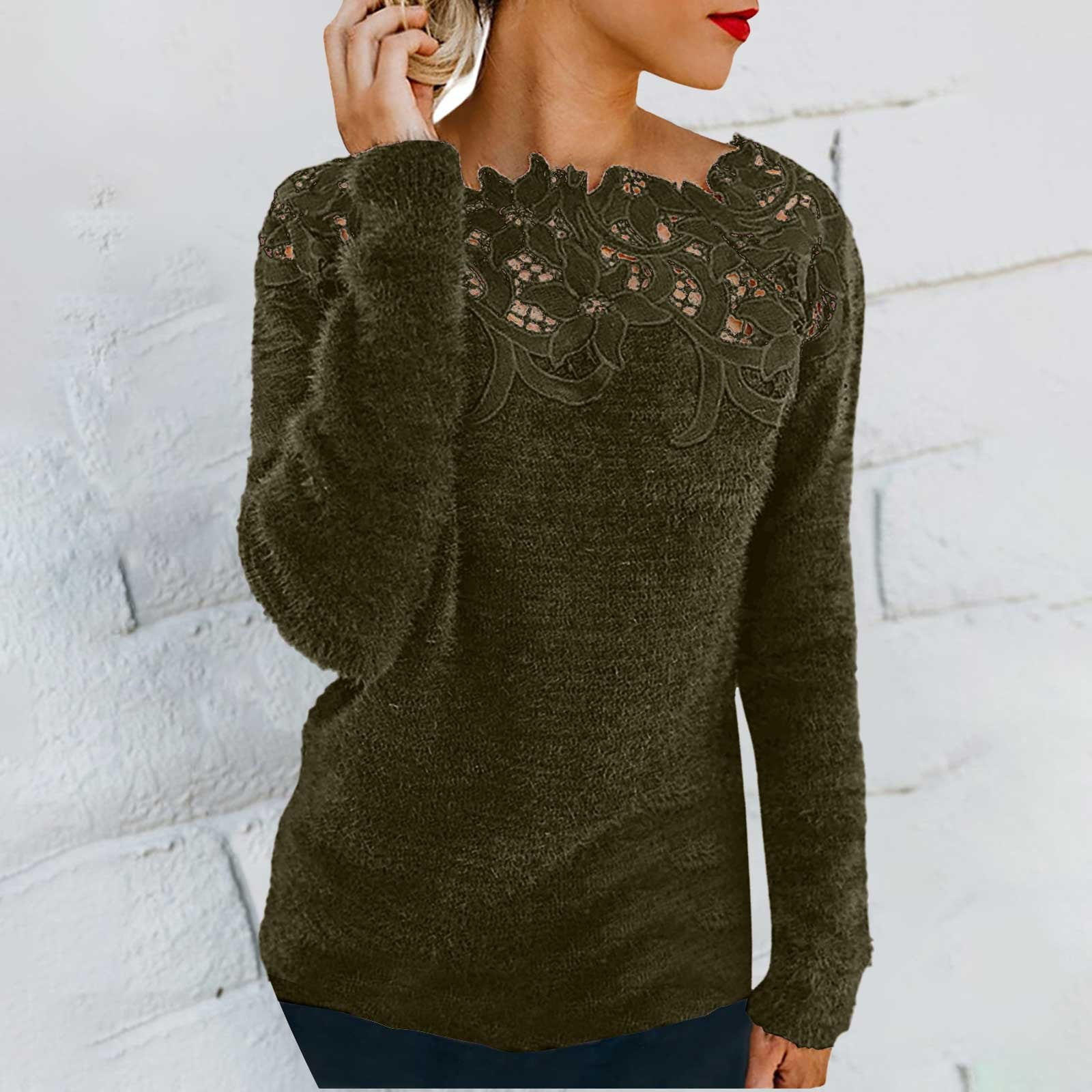Valueadd Clothing Women's Long Sleeve Pullovers Lace Patchwork Knit ...