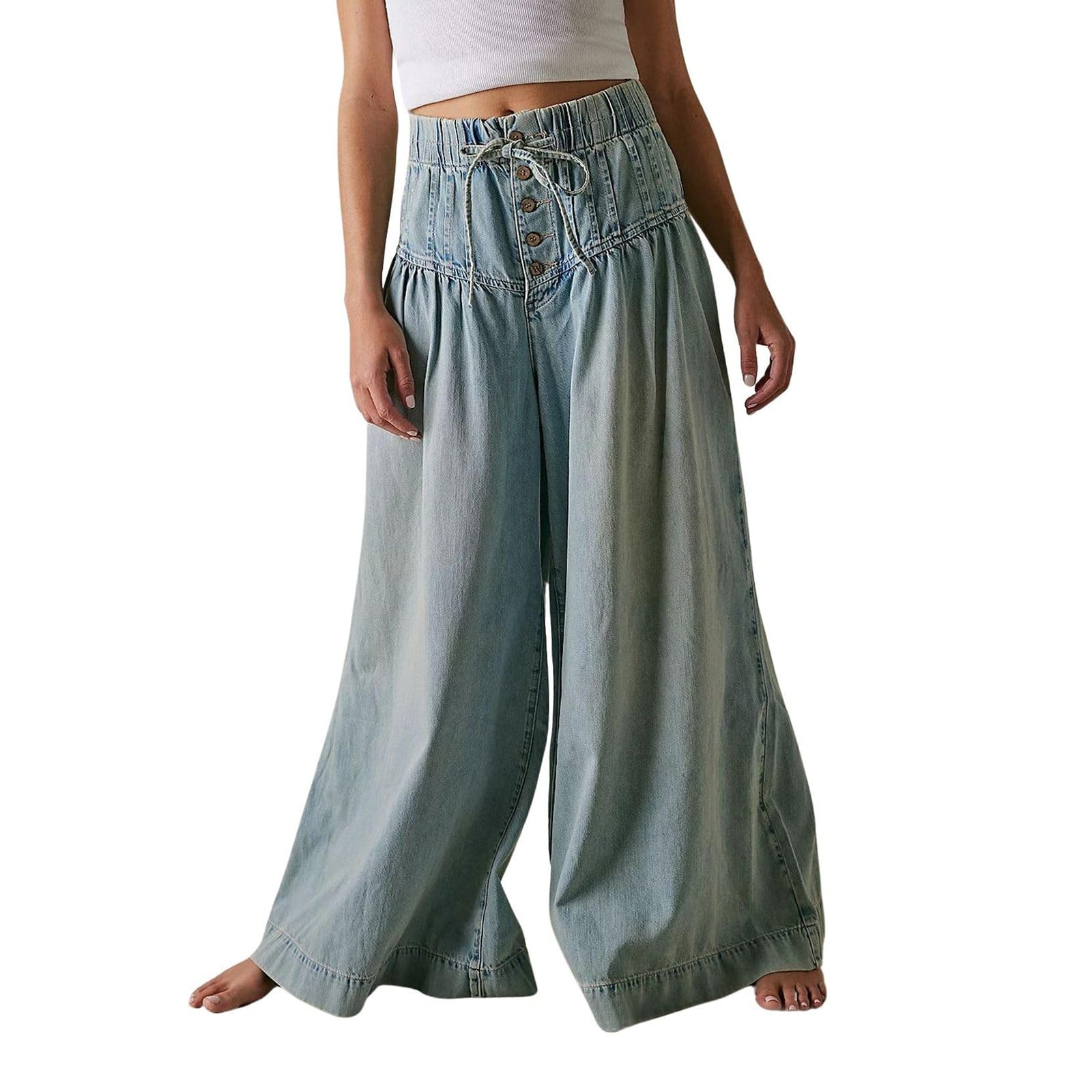 Valueadd New Women Pleated Baggy Jeans Elastic Waist Wide Leg Denim ...