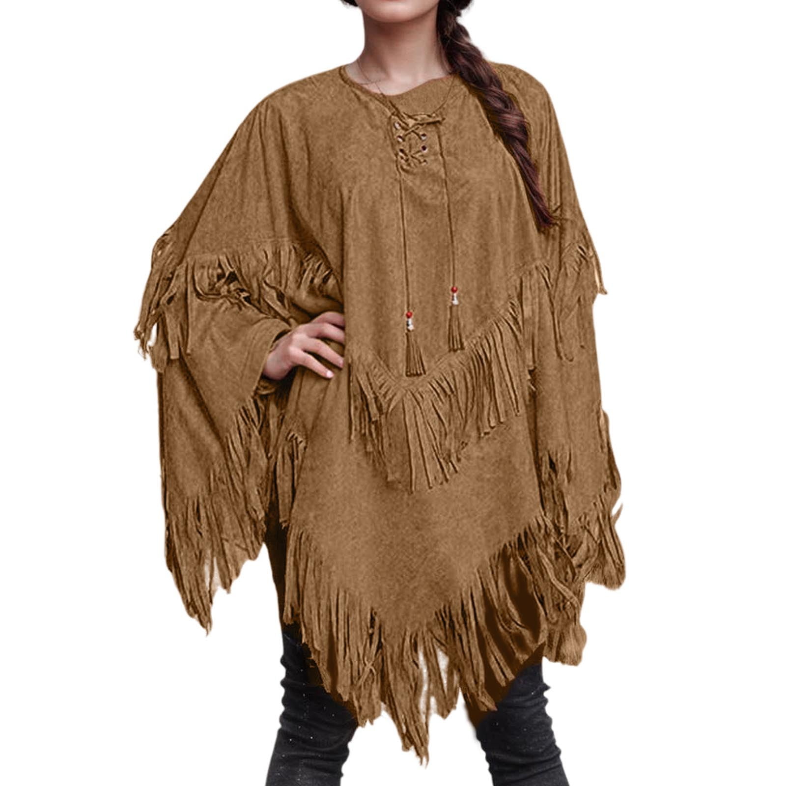 Valueadd Poncho Brown One Adults Cape In Leather Look With Fringes And ...