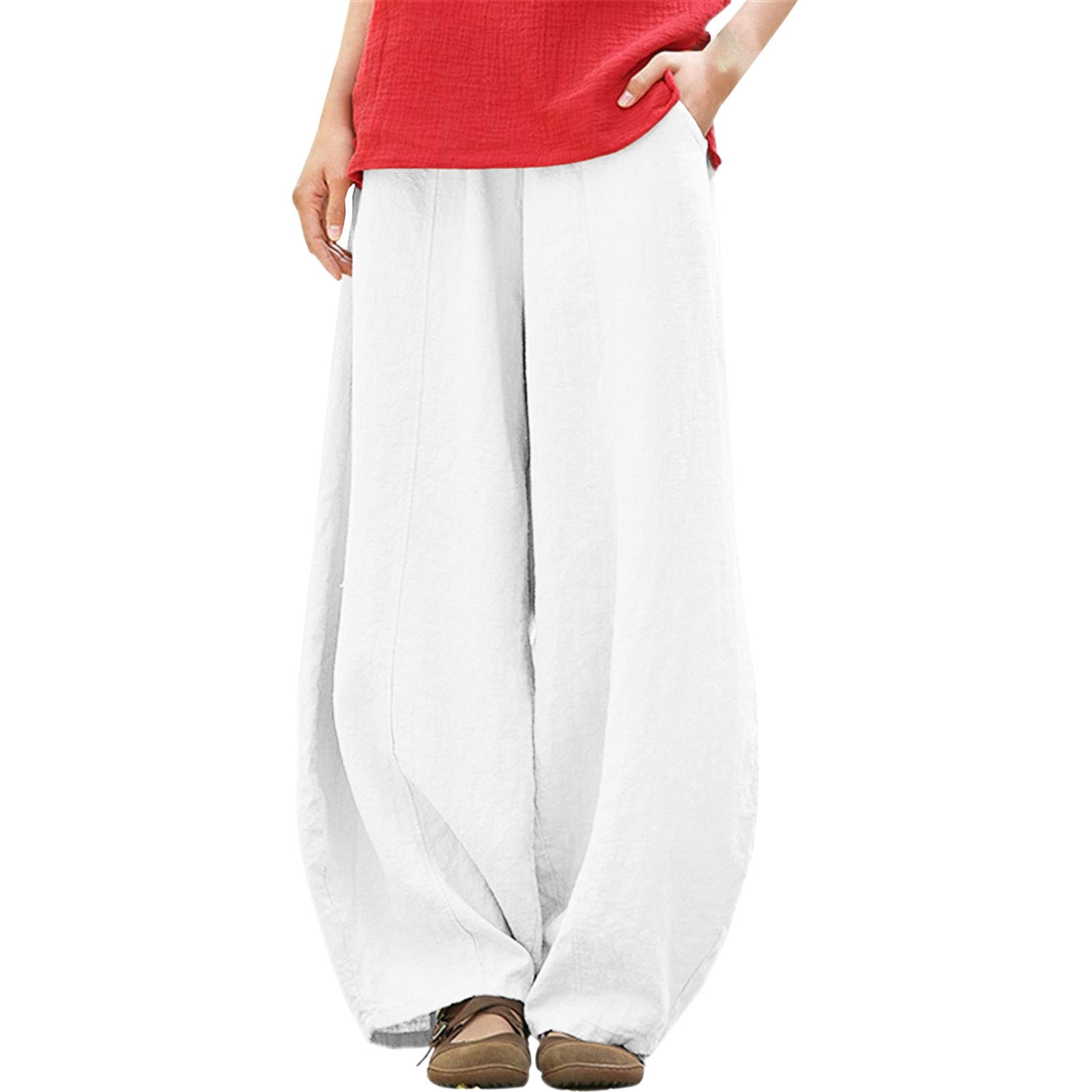 Valueadd Women's Cotton Linen Pants Baggy Pants With Elastic Waist ...