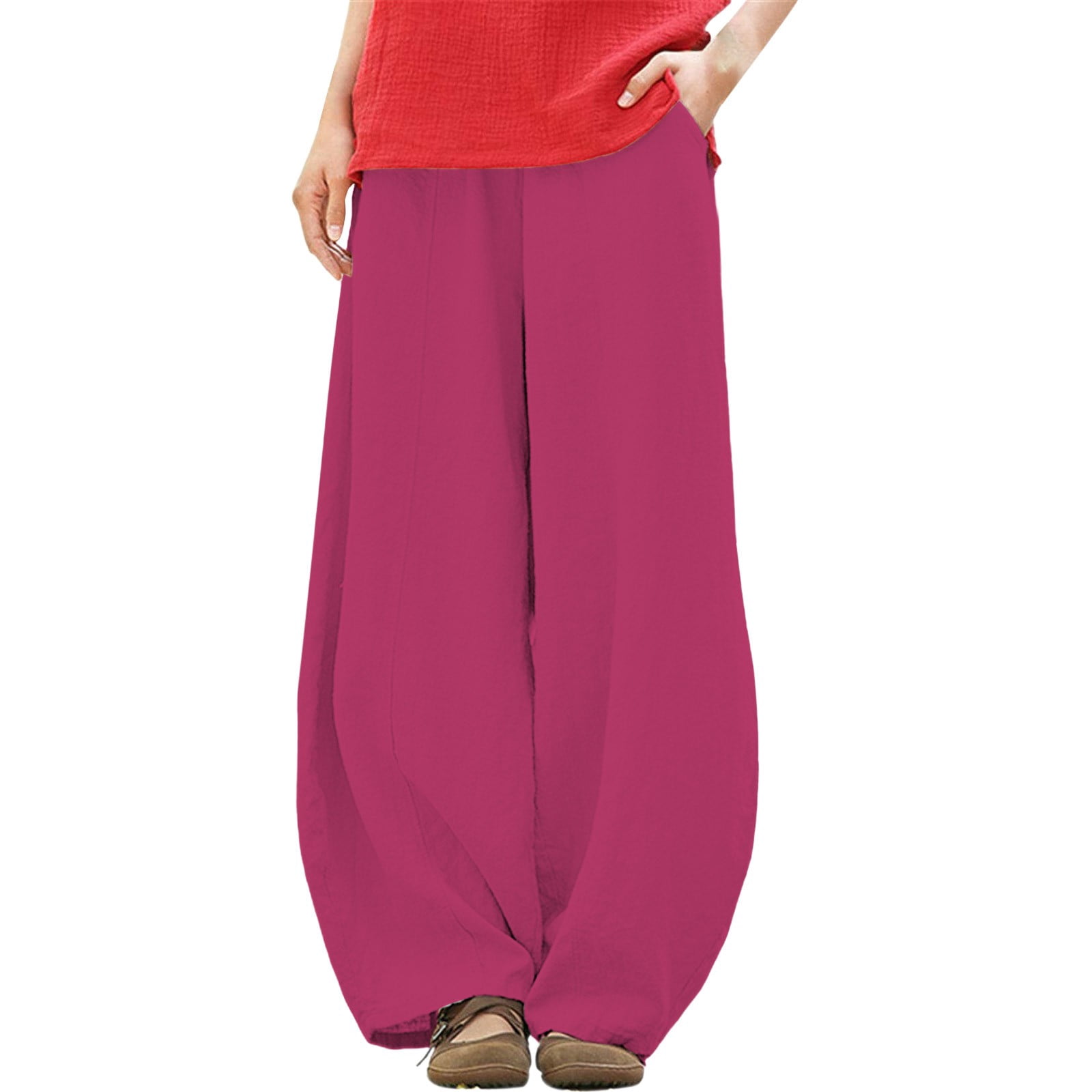 Valueadd Women's Cotton Linen Pants Baggy Pants With Elastic Waist ...