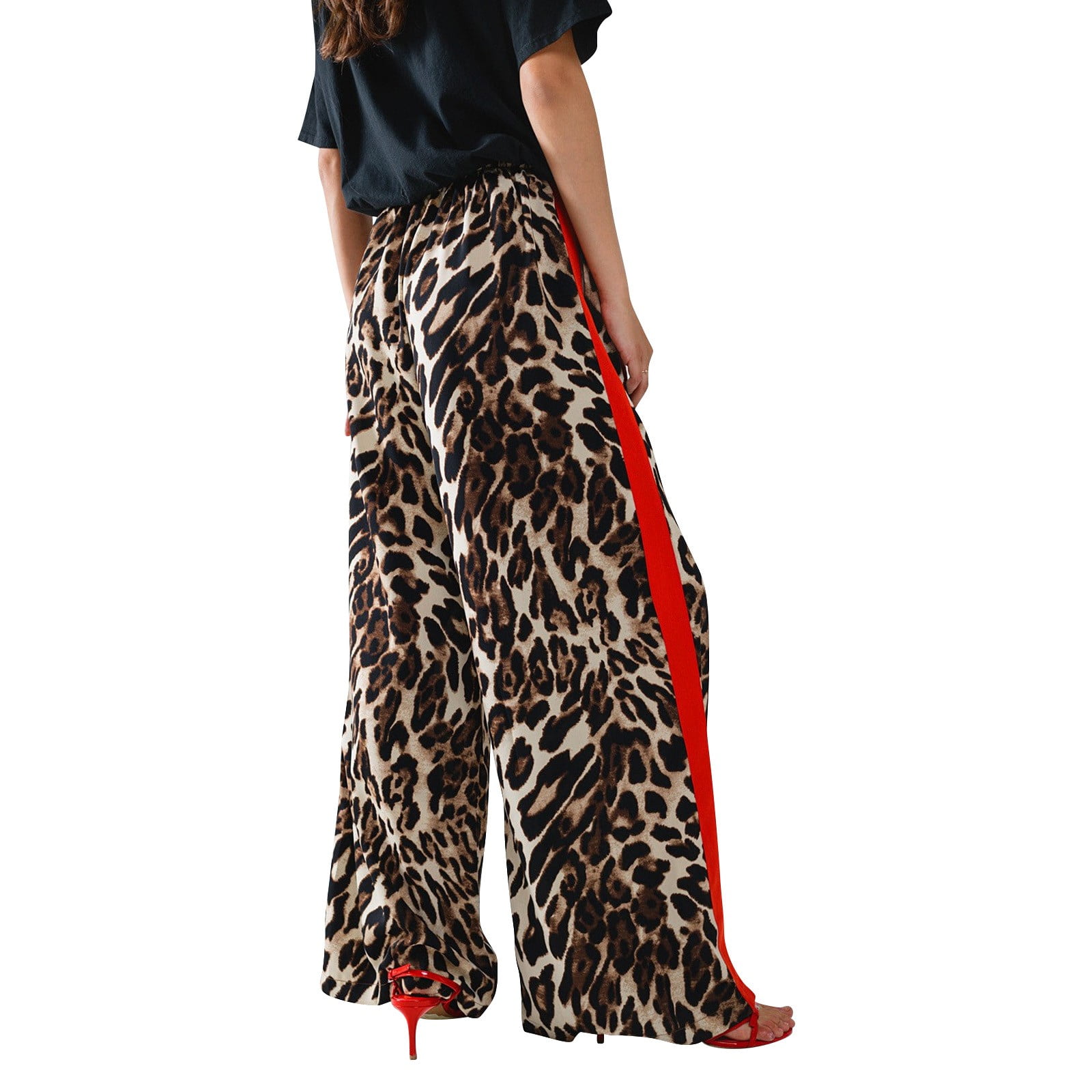 Valueadd Women's Leopard Print And Red Drawstring Wide Leg Pant Pants ...