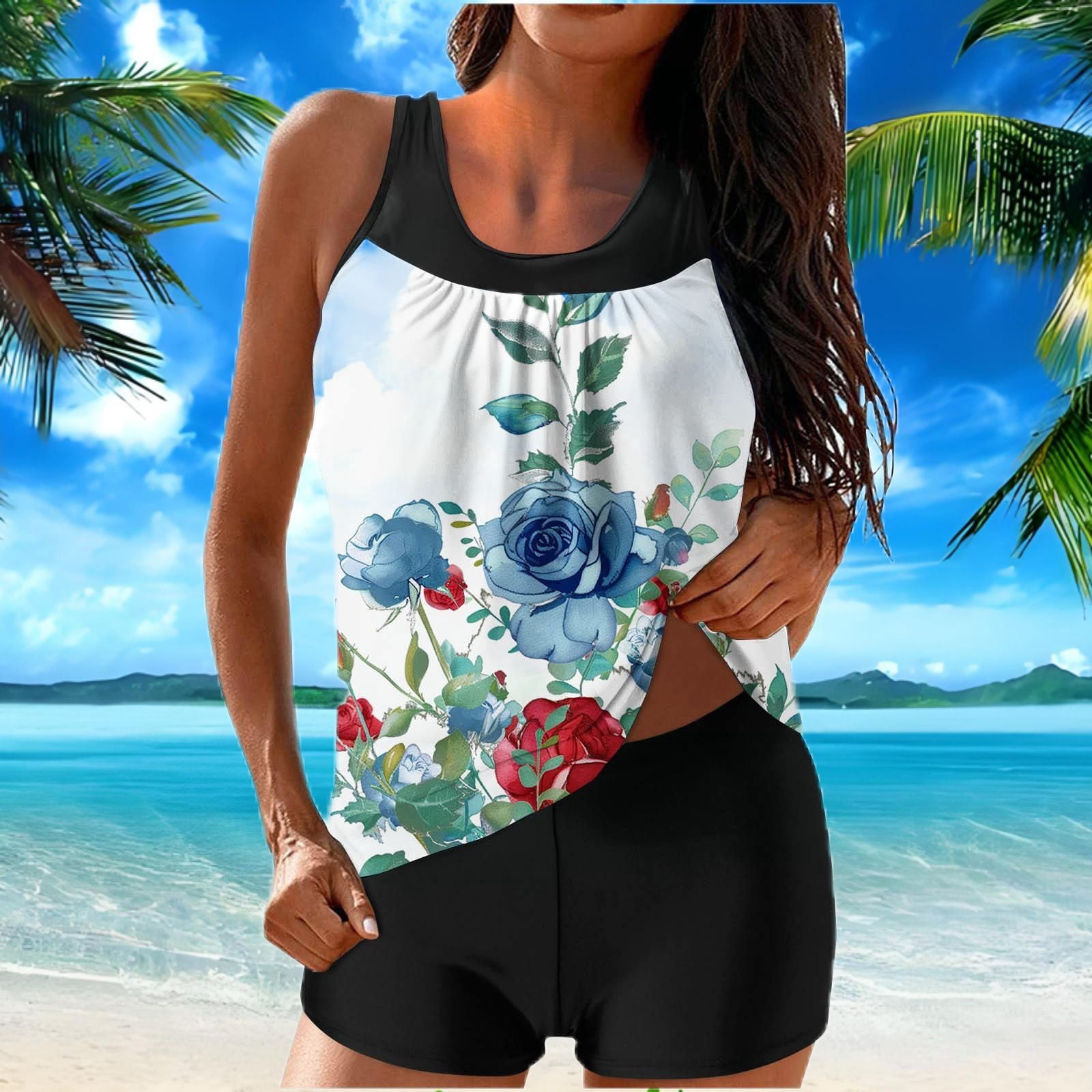 Valueadd Women's Tankini Swimsuits Floral Print With Breast Top Two ...