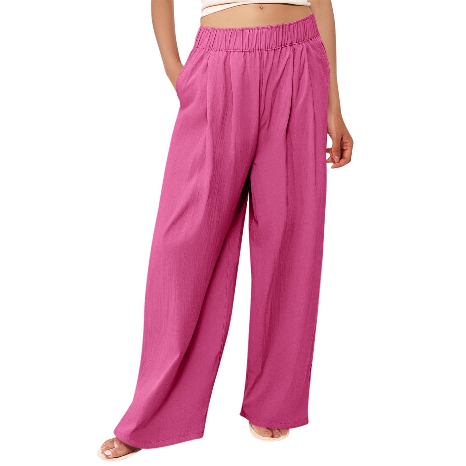 Valueadd Women's Wide Leg Pants Crinkle Comfy High Waist Pull On Casual ...