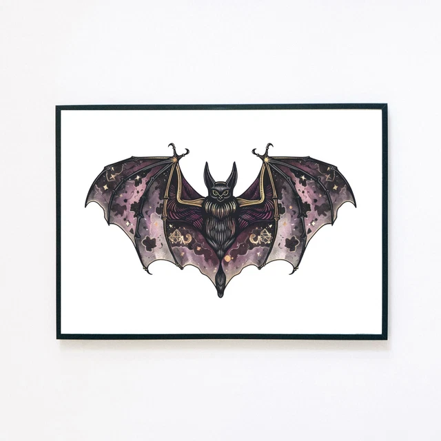 Vampire Bat Gothic Halloween Illustration Moon Tattoo A5 Wall Decor Art ...