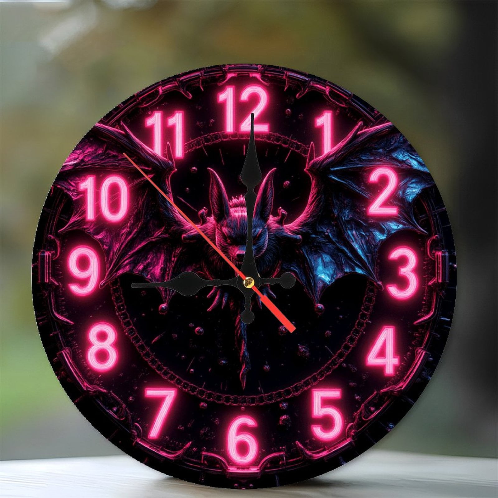 Vampire Bat Wall Clock Neon Decor for Home 10-Inch Silent Wooden Wall ...