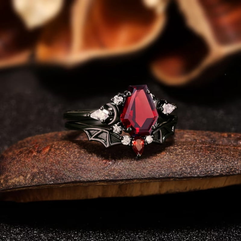 Vampire Coffin Garnet Engagement Ring Set – Gothic Bat Wing Wedding ...