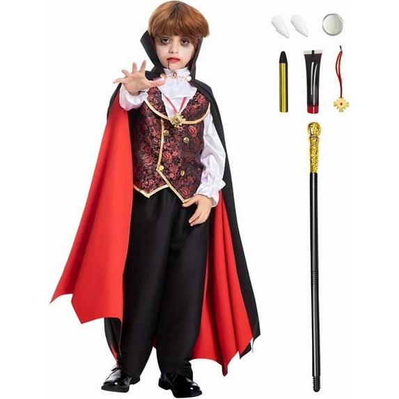 Boys Vampire Costume Set with Fangs, Cape & Makeup Kit, Halloween Dress ...