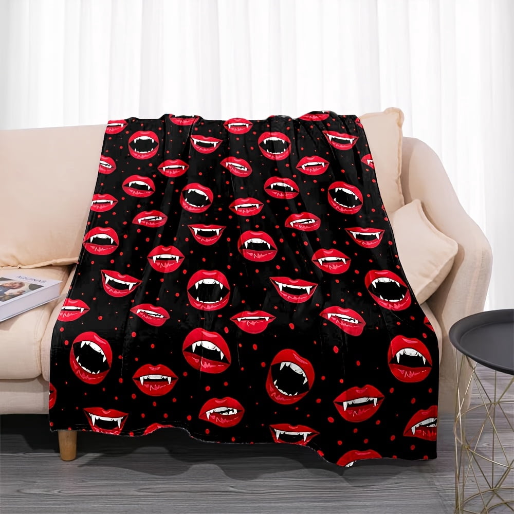 Vampire-Themed Flannel Blanket with Red Lips & Fangs Design Soft Warm ...