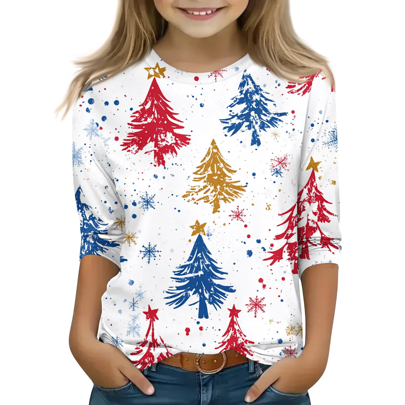 Vamuko Girls Christmas Shirts 3/4 Length Sleeve Bow Oversized T-Shirts ...