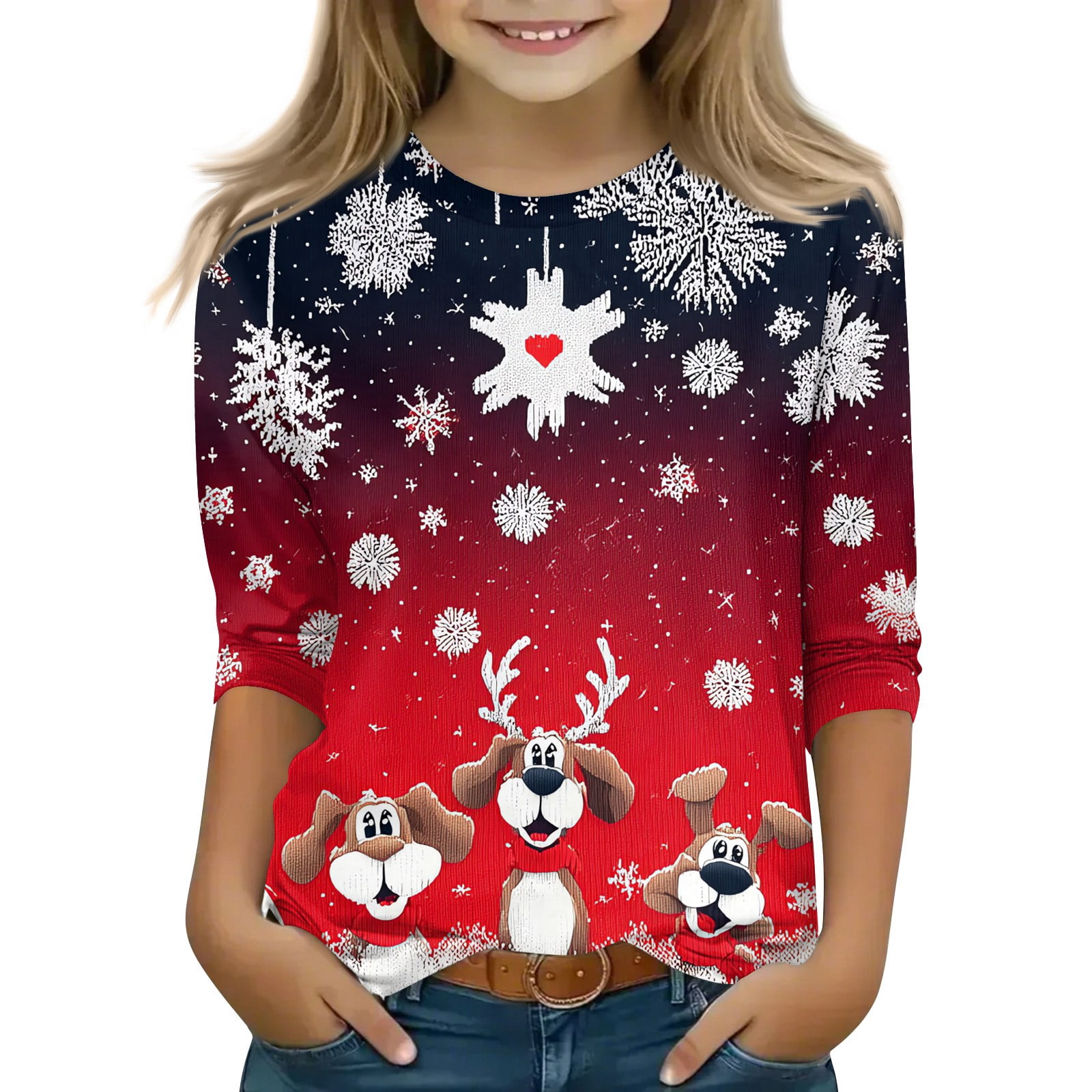 Vamuko Girls Christmas Shirts Crew Neck Bow Oversized T-Shirts Red with ...